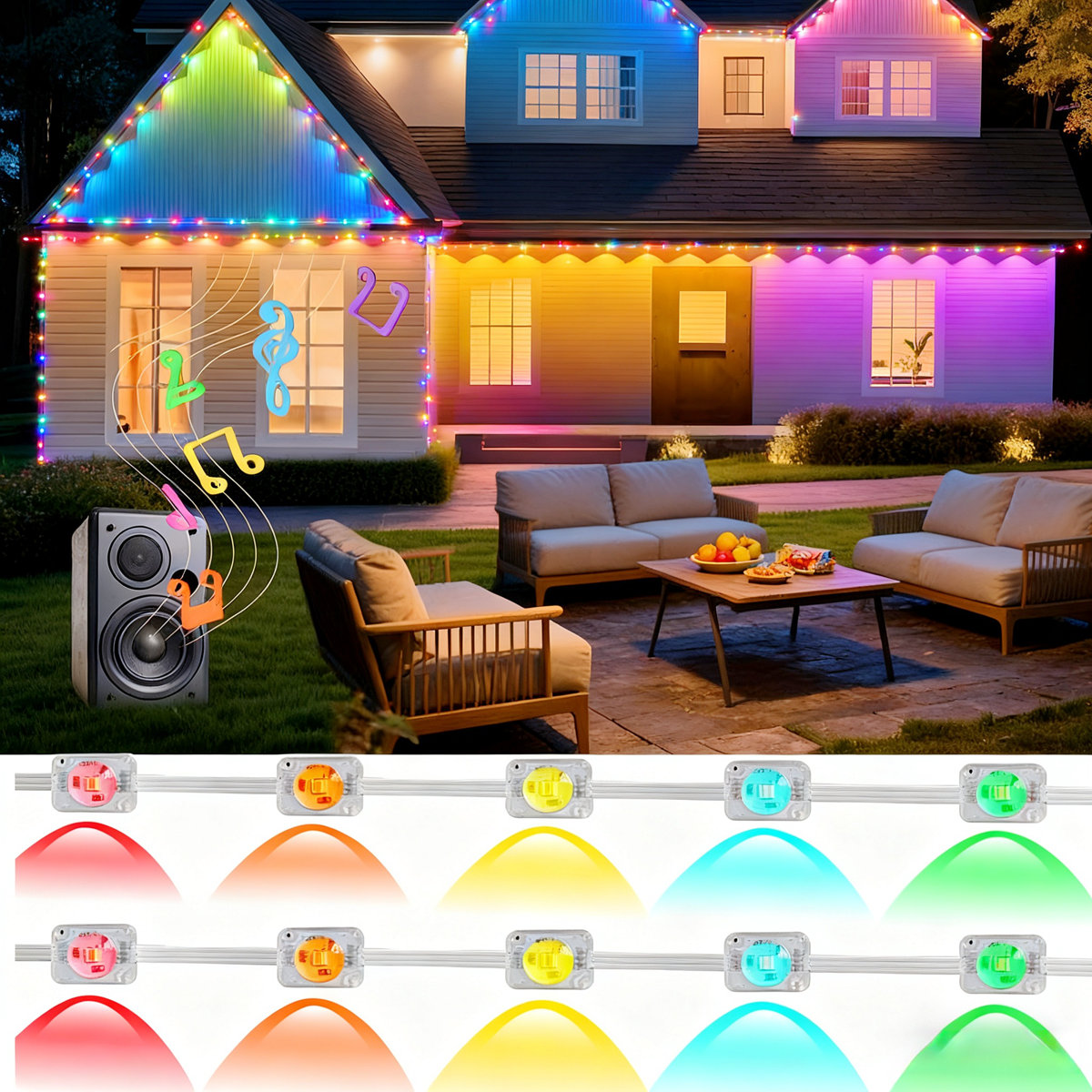 One Allium Way® Smart RGB Outdoor Lights 100Ft Color Changing LED Exterior Lights With APP And ...